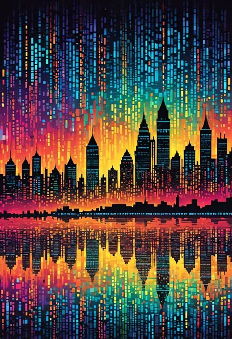 City Scape Illustration With Colorful Binary Code Art Background Stock