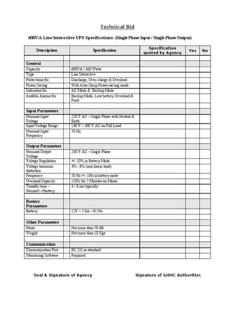 Technical Bid 600va Line Interactive Ups Specifications Pdf Power