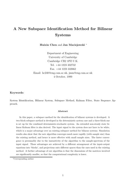 Pdf A New Subspace Identication Method For Bilinear Systems