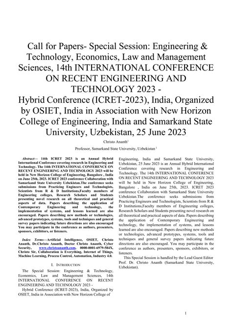 Pdf Call For Papers Special Session Engineering And Technology