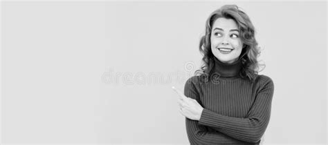 Happy Redhead Woman Pointing Finger Copy Space Express Positive