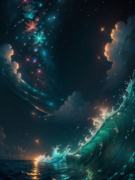 별과 구름이 있는 바다의 파도의 전망 Seaart Ai