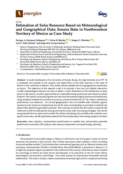 Pdf Estimation Of Solar Resource Based On Meteorological And Geographical Data Sonora State