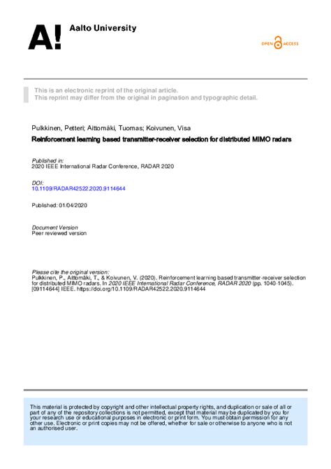 Pdf Reinforcement Learning Based Transmitter Receiver Selection For Distributed Mimo Radars
