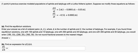 Solved A Previous Exercise Modeled Populations Of Aphids And Ladybugs With A Lotka Volterra