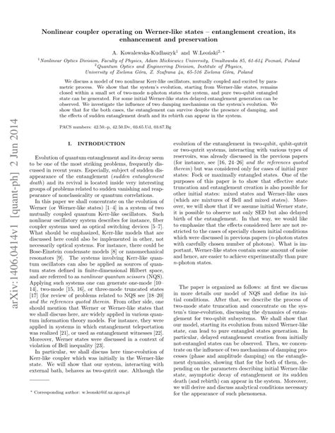 Pdf Nonlinear Coupler Operating On Werner Like States Entanglement Creation Its Enhancement