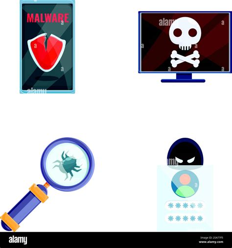 Cybercrime Icons Set Cartoon Vector Computer Bug Mobile Spam And Cyber Attack Internet