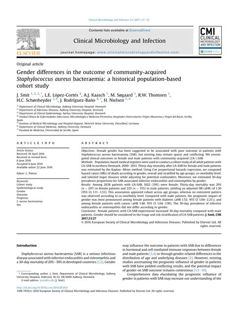 Pdf Gender Differences In The Outcome Of Community Acquired Staphylococcus Aureus Bacteraemia