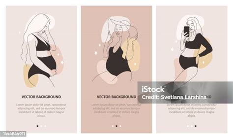 소셜 미디어용 표지 세트 현대 선형 임산부 검은 란제리를 입은 우아한 아가씨 임신과 모성 개념 손으로 그린 벡터 일러스트 레이 션 임신에 대한 스톡 벡터 아트 및 기타