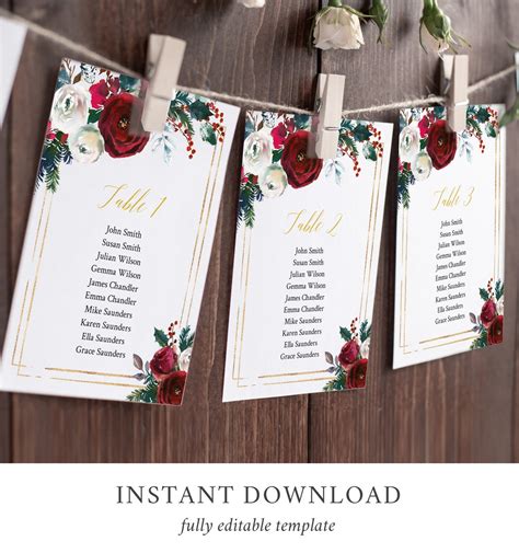 Christmas Editable Seating Chart Template Burgundy Hanging Table Cards