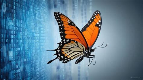 A Monarch Butterfly Flying In Front Of A Digital Binary Code Background