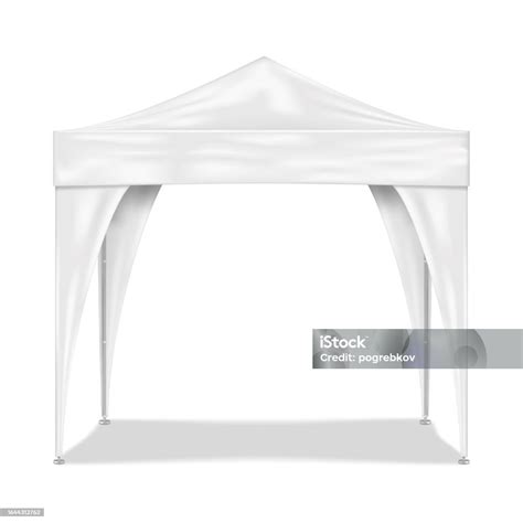 다리가 있는 빈 흰색 캐노피 텐트는 사실적인 벡터 모형을 덮습니다 알루미늄 금속 프레임 모형이 있는 캠핑 전망대 야외 여름 이벤트 휴대용 부스 템플릿 건설 프레임에 대한