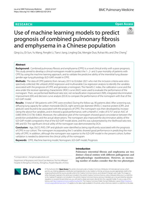 Pdf Use Of Machine Learning Models To Predict Prognosis Of Combined Pulmonary Fibrosis And