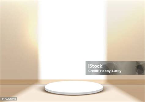 흰색 원형 받침대 햇빛 및 문 그림자가 열린 클린 룸 인테리어가 집으로 들어갑니다 그래픽을 위한 공간 벡터 그림입니다 0명에 대한 스톡 벡터 아트 및 기타 이미지 Istock