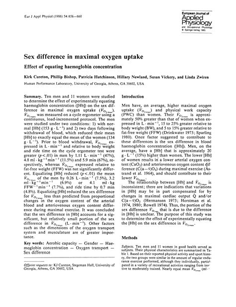 Pdf Sex Difference In Maximal Oxygen Uptake Effect Of Equating Haemoglobin Concentration