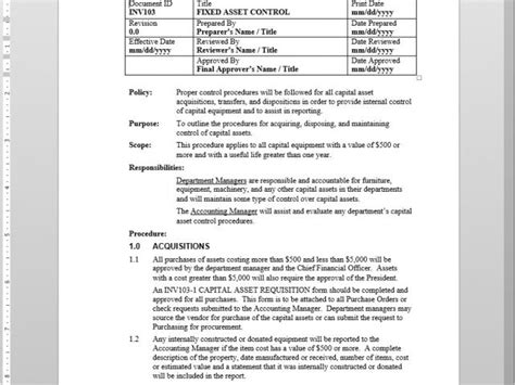 Fixed Asset Policy Template Fixed Asset Control Procedure Williamson Ga Us