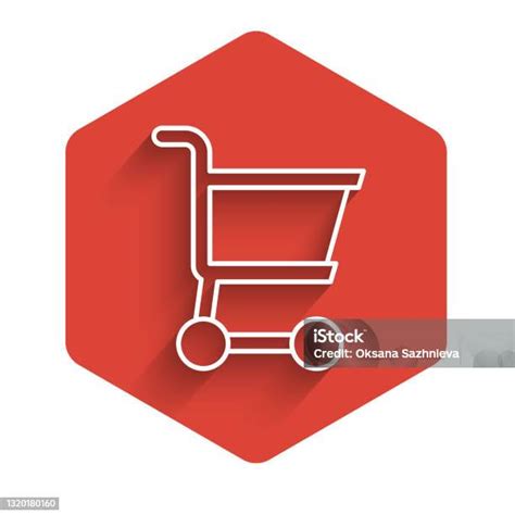 긴 그림자 배경으로 격리 된 화이트 라인 쇼핑 카트 아이콘 온라인 구매 개념 배달 서비스 기호 슈퍼마켓 바구니 기호 빨간 육각 버튼 벡터 가방에 대한 스톡 벡터 아트 및