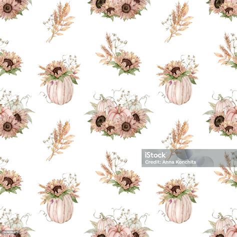 해바라기 나뭇잎 및 딜 꽃으로 장식 된 호박의 수채화 이음새가 없는 배경 추수 감사절 그림 0명에 대한 스톡 벡터 아트 및 기타 이미지 Istock