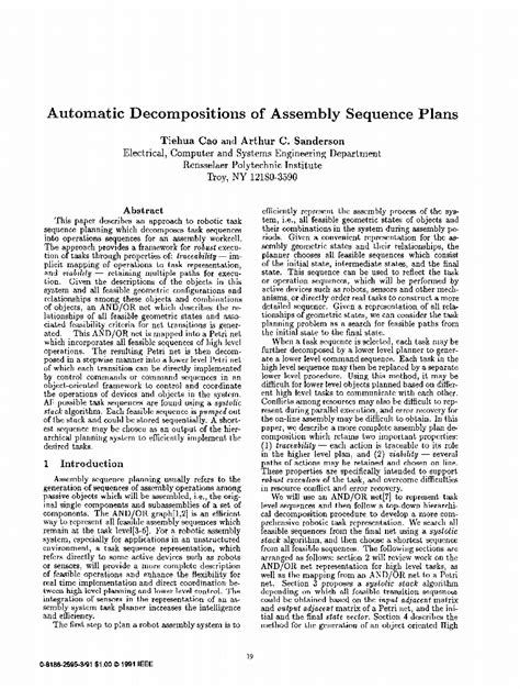 Automatic Decompositions Of Assembly Sequence Plans Ieee Conference