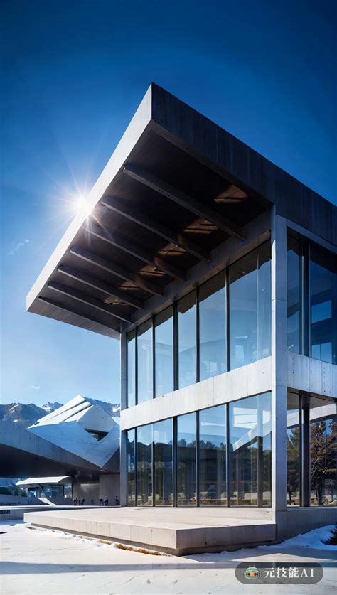 Ai提示词：这座建筑的建筑设计融合了独特的风格和材料，在积压的高山雪景的背景下创造了一个真正捕捉视角的场景，结构灵感来自离子水晶宫风格，通过使用现代铝合金板增强了其透明度和其他品质这些睡眠和