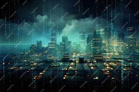 Premium Photo Futuristic Cityscape With Glowing Lights And Binary Code 3d Rendering