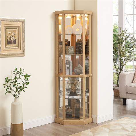 Ebern Designs Corner Lighted Curio Cabinet Corner Glass Cabinet Lighted