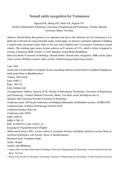 Pdf Named Entity Recognition For Vietnamese