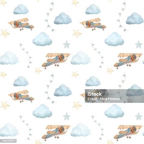 빈티지 귀여운 동화 만화 구름 복고풍 비행기와 파란색 깃발 흰색 배경에 분리된 수채화 질감의 노란색 별이 있는 수채화 매끄러운 패턴 0명에 대한 스톡 벡터 아트 및 기타
