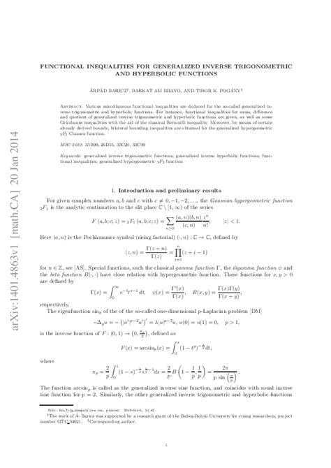 Pdf Functional Inequalities For Generalized Inverse Trigonometric And Hyperbolic Functions