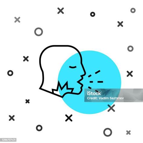 흰색 배경에 고립 된 검은 줄 남자 기침 아이콘 바이러스 감염 인플루엔자 독감 감기 증상 결핵 유행성 이하선염 백일해 임의동적 모양 벡터 검은색에 대한 스톡 벡터 아트 및