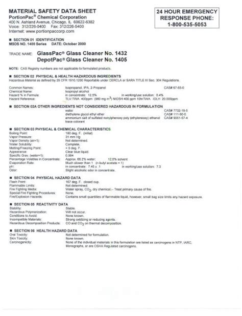 Material Safety Data Sheet Portionpacchemical Hillyard