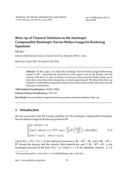 Global Science Press Blow Up Of Classical Solutions To The Isentropic Compressible Barotropic
