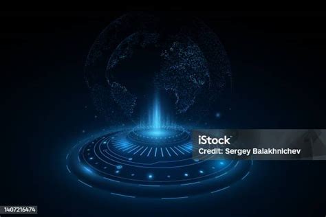 Hud 라운드와 홀로그램 디지털 세계 글로브 지구지도 홀로그램 빛 효과가있는 미래 지향적 인 행성 글로벌 네트워크 기술 과학 배경 벡터 일러스트 레이 션 0명에 대한 스톡