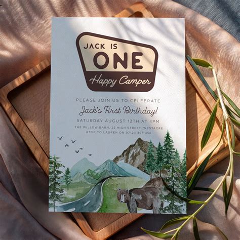 One Happy Camper Watercolour Invitation Editable Template