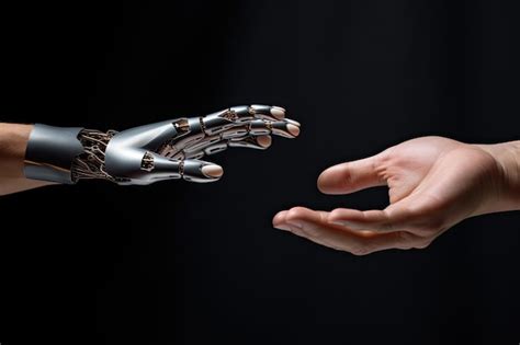 Human And Robot Hands Reaching Out To Each Other On Black Background Technology Meets Humanity