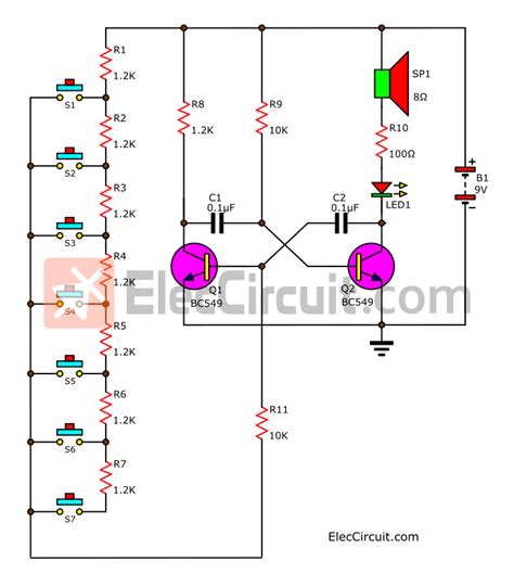 Simple Music Keyboard Organ Circuit Using Multivibrator Transistors ElecCircuit