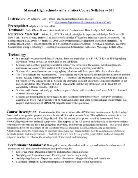 Ap Statistics Course Syllabus Dupont Manual High School