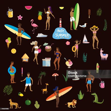 여름 방학을 설정합니다 일광욕 산책 서핑 보드 운반 바다 바다에서 수영 해변이나 해변에서 휴식과 해변에서 여름 야외 활동을 수행하는 많은 사람들 아이스크림 음료 이국적인