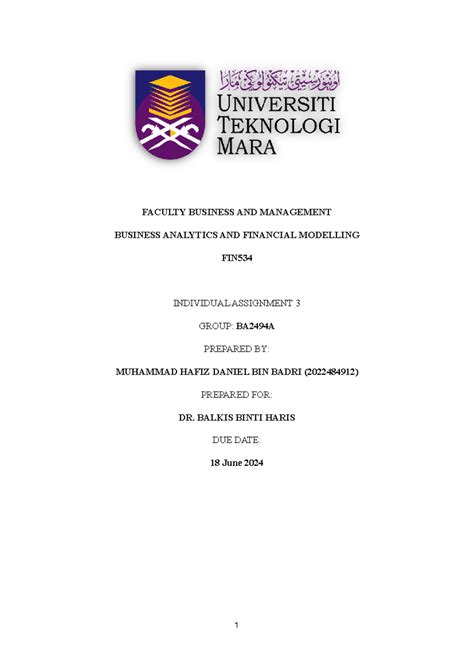 Individual Assignment 3 Fin 534 Faculty Business And Management Business Analytics And