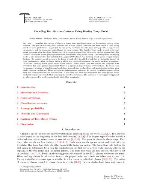 Pdf Modelling Test Matches Outcome Using Bradley Terry Model