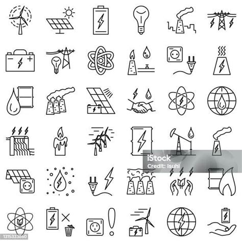 에너지의 종류 원자 가스 기름 전기 물 수력 발전소 원자력 발전소 석유 타워 벡터 아이콘 세트 격리된 윤곽선 완벽한 픽셀 48x48 수력 발전에 대한 스톡 벡터 아트 및