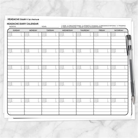 Headache Diary Calendar Printable Migraine Tracker Pdf Printable Planning