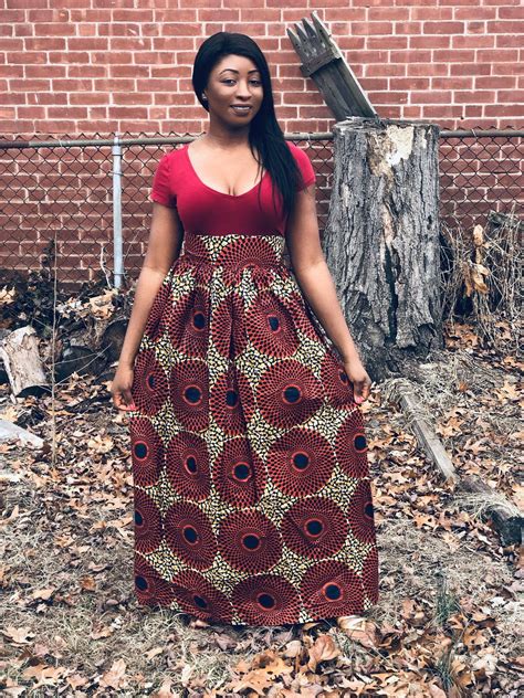 Red Patterned Ankara Maxi Skirt Etsy