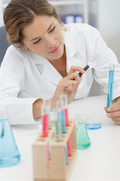 Happy Female Lab Worker With Liquid Tests Stock Image Image Of Doctor Monitoring 324569735