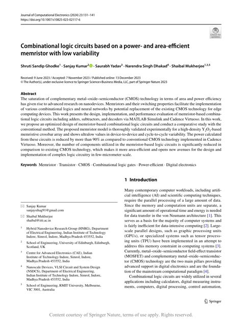 Combinational Logic Circuits Based On A Power And Area Efficient Memristor With Low Variability