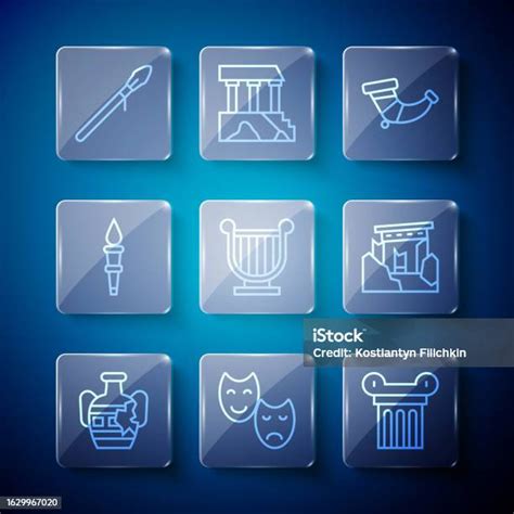 세트 라인 깨진 암포라 코미디와 비극 가면 고대 기둥 사냥 뿔 거문고 횃불 불꽃 중세 창과 폐허 아이콘 벡터 Theatrical Performance에 대한 스톡 벡터 아트