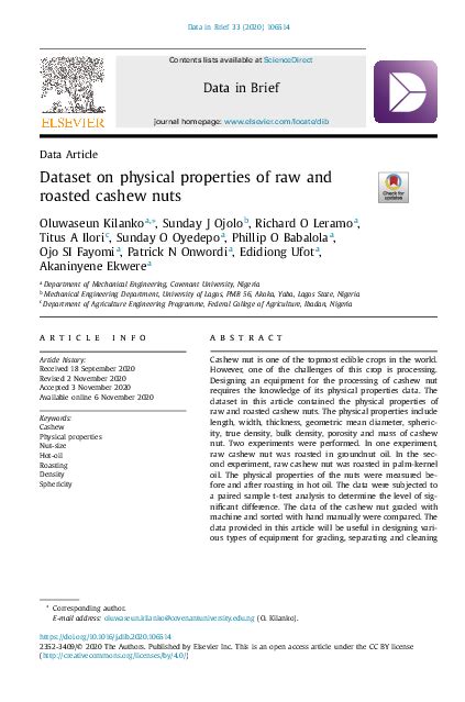 Pdf Dataset On Physical Properties Of Raw And Roasted Cashew Nuts