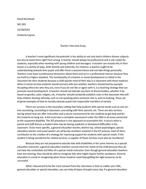 Sec 201 Teacher Interview Essay David Muirhead Sec 1218 Kimberly