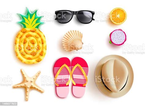 여름 요소 벡터 세트 디자인입니다 여름 해변 플로터 모자 선글라스 플립 플롭 및 조개 껍질 3d 현실적인 요소 3차원 형태에 대한 스톡 벡터 아트 및 기타 이미지 Istock