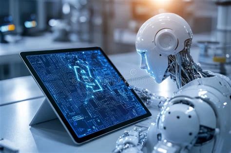 Robot Uses Tablet On Ai Driven Data Analysis Machine Learning Stock Image Image Of Command